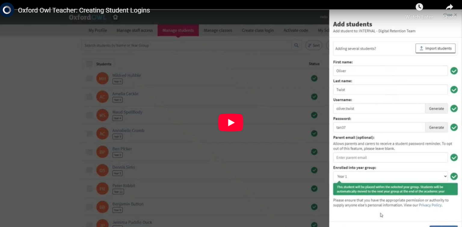 Creating individual student logins – Oxford Owl Support