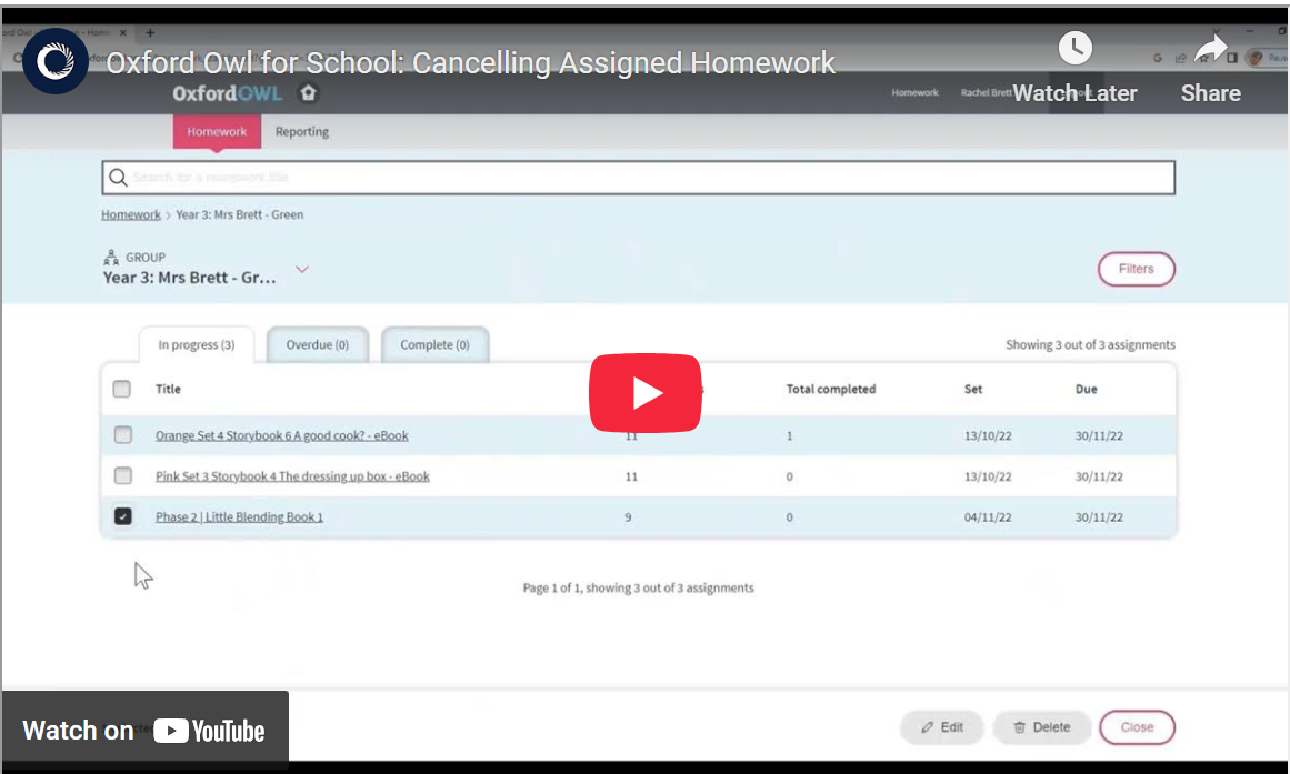Cancelling assigned homework – Oxford Owl Support